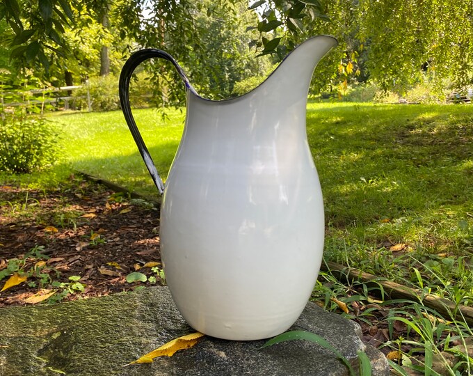 Large Vintage White Enamel Pitcher With Black Handle and Blue Rim ...