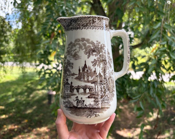 Antique Brown Transferware Pitcher With Scenic Design, Collectable ...