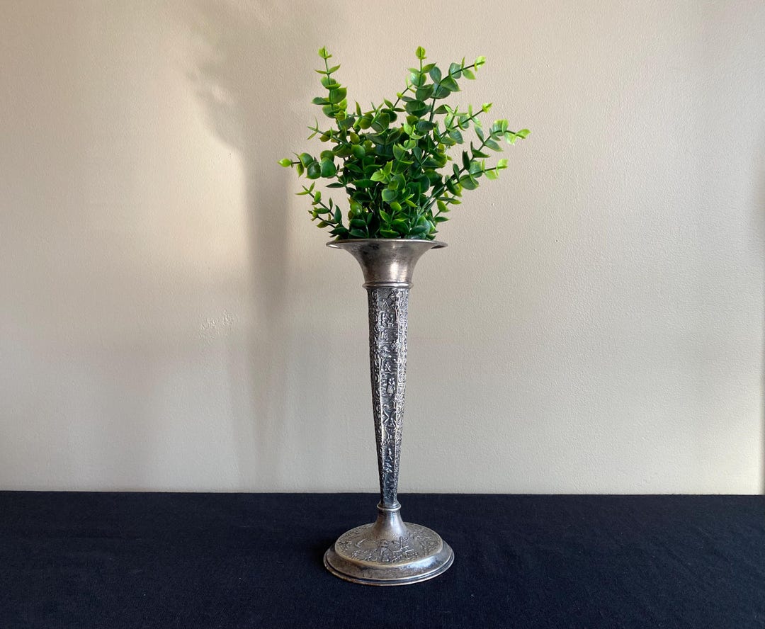Vintage Silver Colored Metal Vase With Dutch Scenes, Tall Thin Metal ...