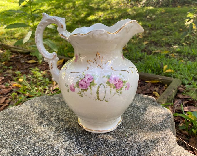 Antique Cook Pottery Pitcher With Floral Transferware Design & Gold ...