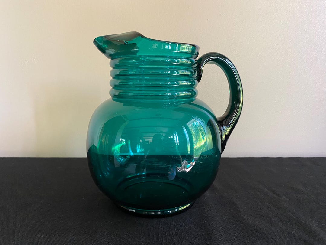 Vintage 64 Oz Teal Glass Pitcher With Ice Lip, Round Pitcher With ...