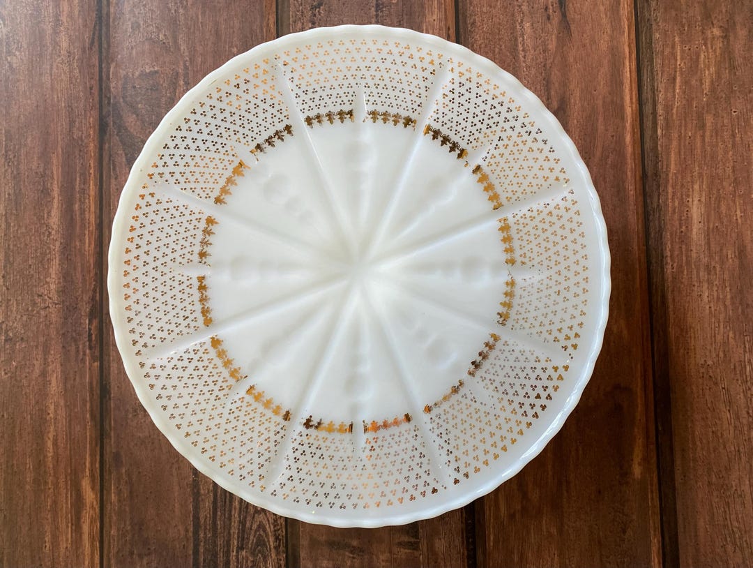 Vintage Anchor Hocking Milk Glass Low Cake Stand With Gold Fleur-de-lis ...