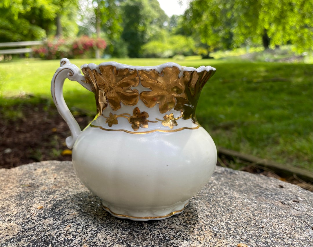 Vintage White and Gold Porcelain Pitcher, Gold Ivy Design, Small ...