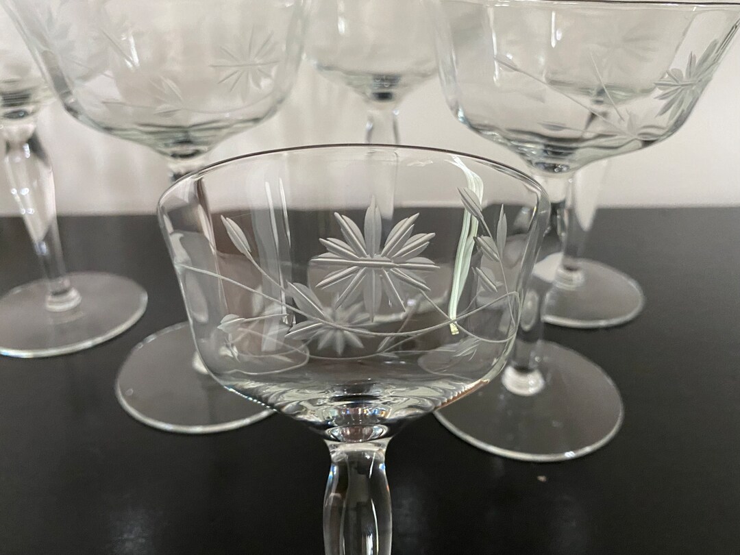 Set of Six Vintage Etched Flower Cocktail Glasses, Stemmed Cocktail ...