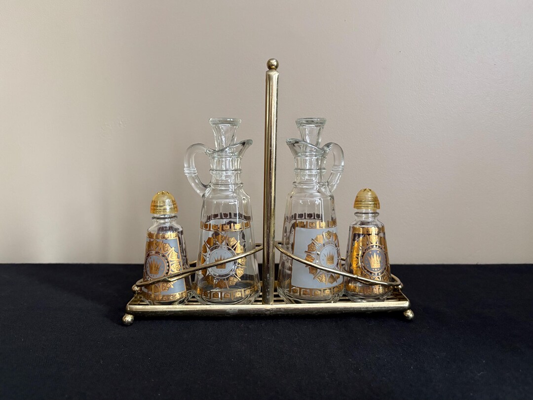 Vintage Anchor Hocking "royal Gold" Cruet & Shaker Set in Caddy ...