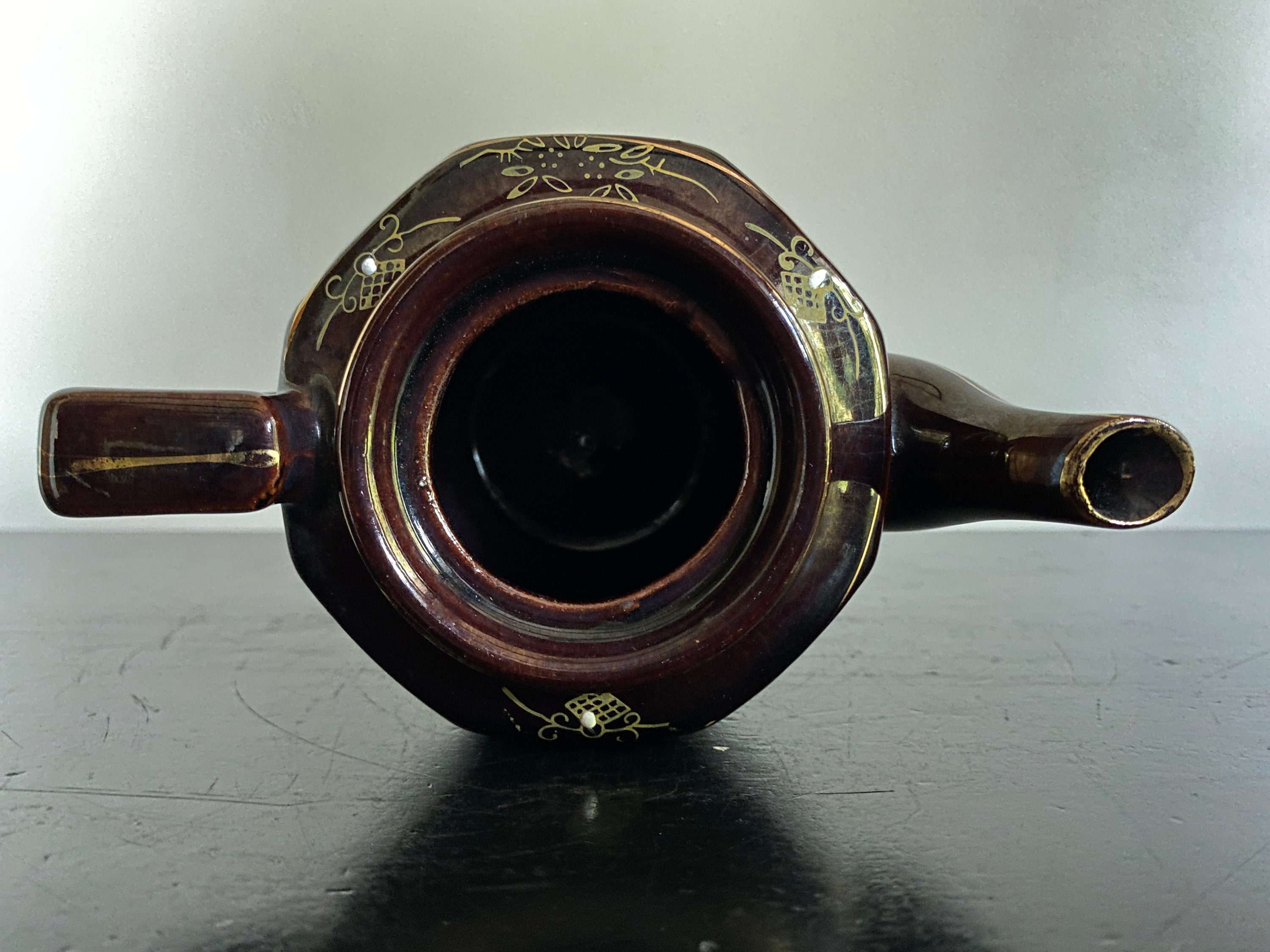 Small Vintage Brown Teapot With Gold Floral Design and Raised Painted ...