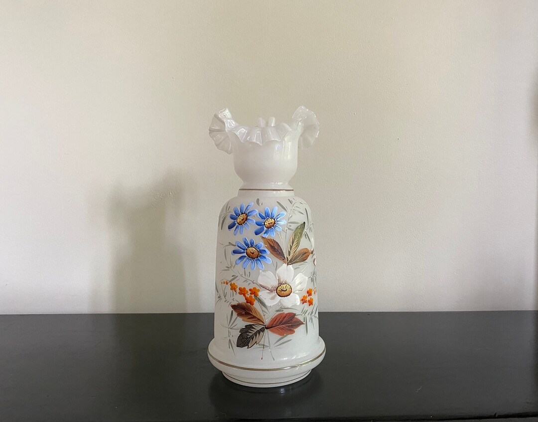 Large Bristol Glass Hand Painted Satin Glass Vase, Blown Glass Vase ...