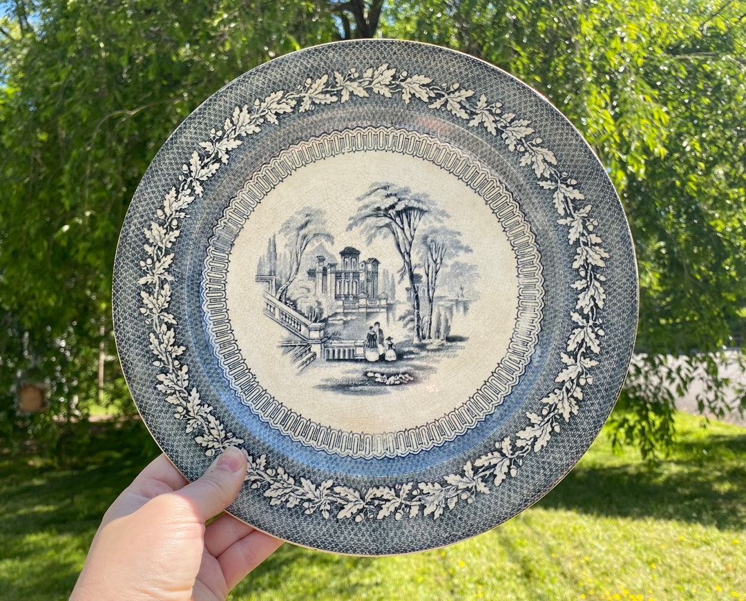 Antique Blue Transferware Plate With Scenic Center Image and Oak Leaf ...