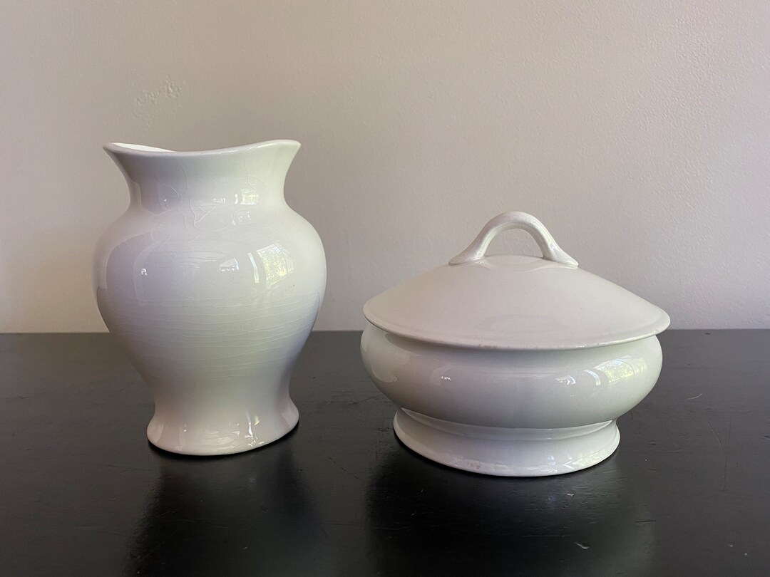 Antique White Homer Laughlin Vase and Covered Dish Set - Etsy