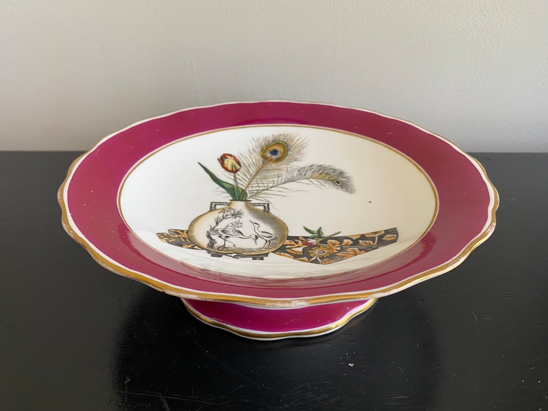 Vintage Pedestal Serving Dish With Maroon Boarder and Peacock Feather ...