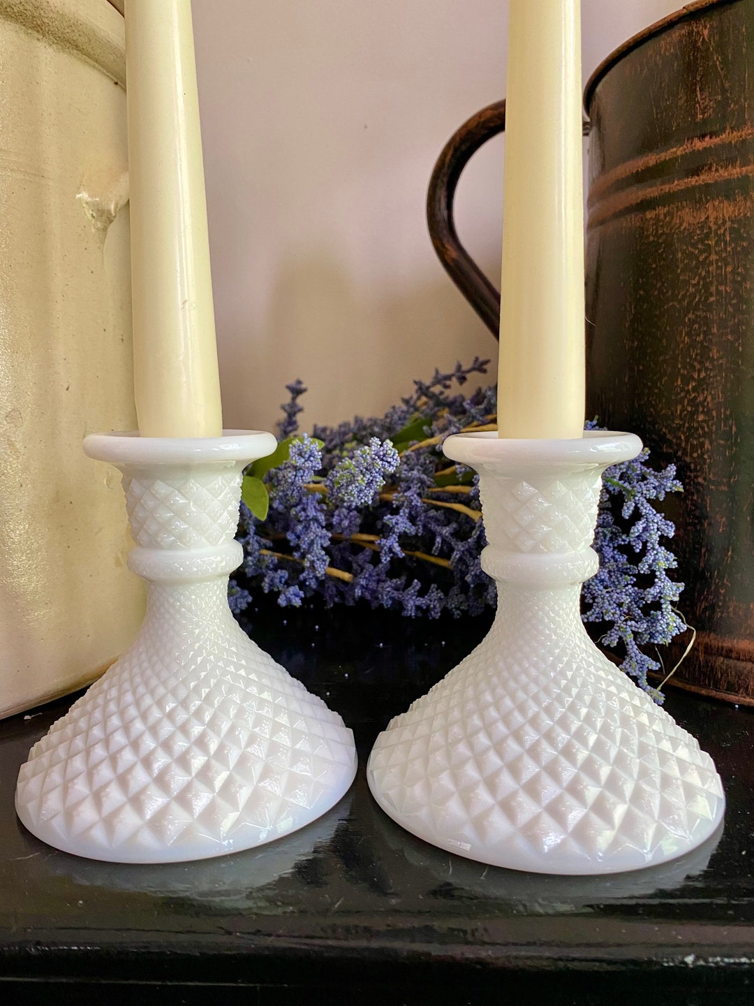 Pair of Vintage Milk Glass Westmoreland English Hobnail Candlestick ...
