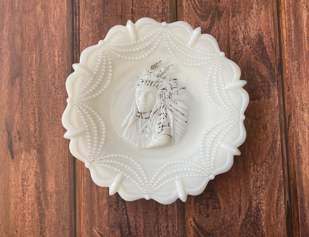 Vintage Westmoreland Milk Glass Native American Chief Plate With Beaded ...