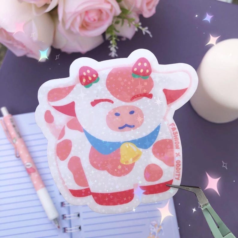 Strawberry Cow Holo Sticker- Kawaii Art - Etsy