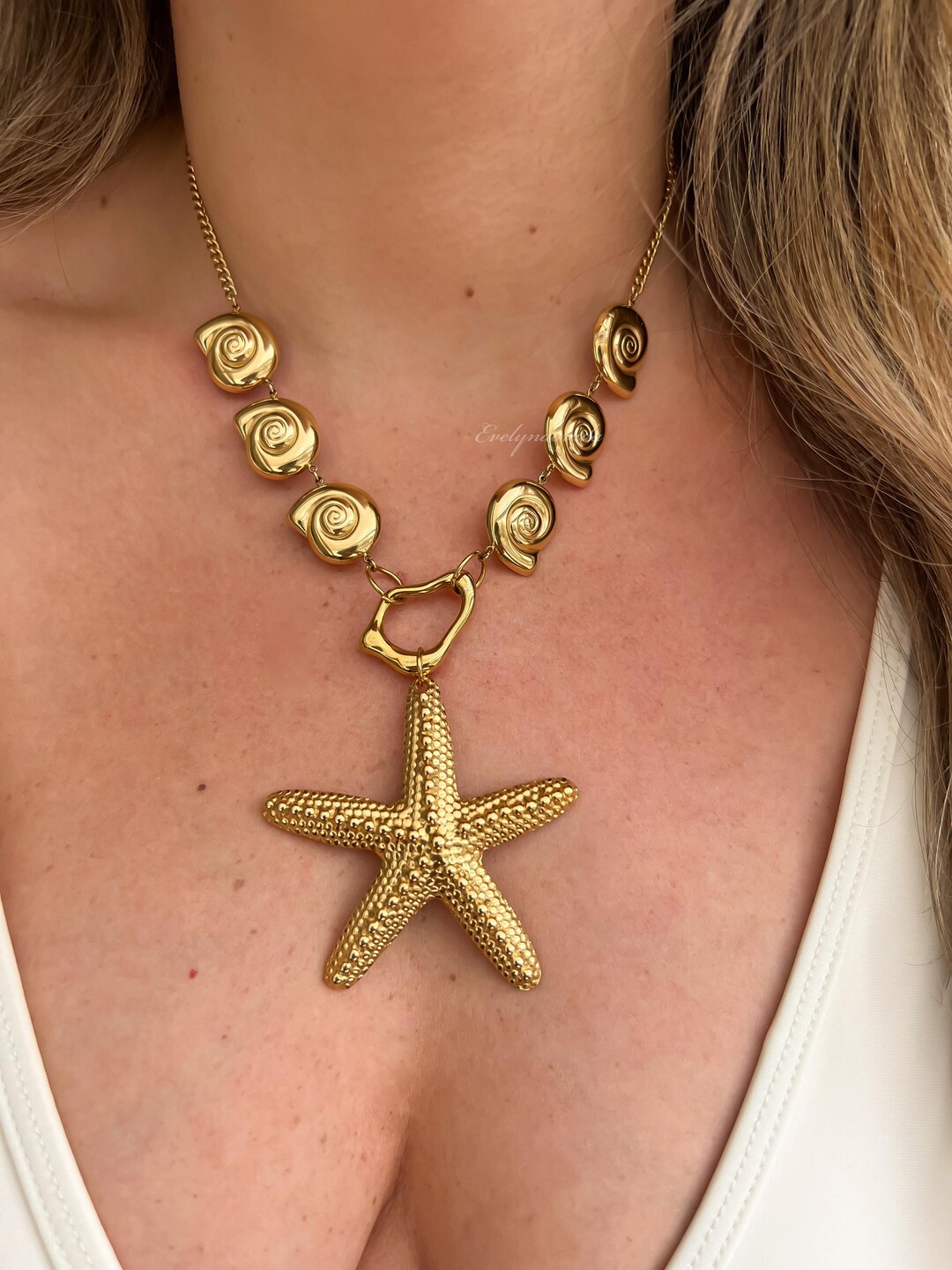 Large Starfish and Shell Necklace,chunky Summer Necklace, 18k Gold ...