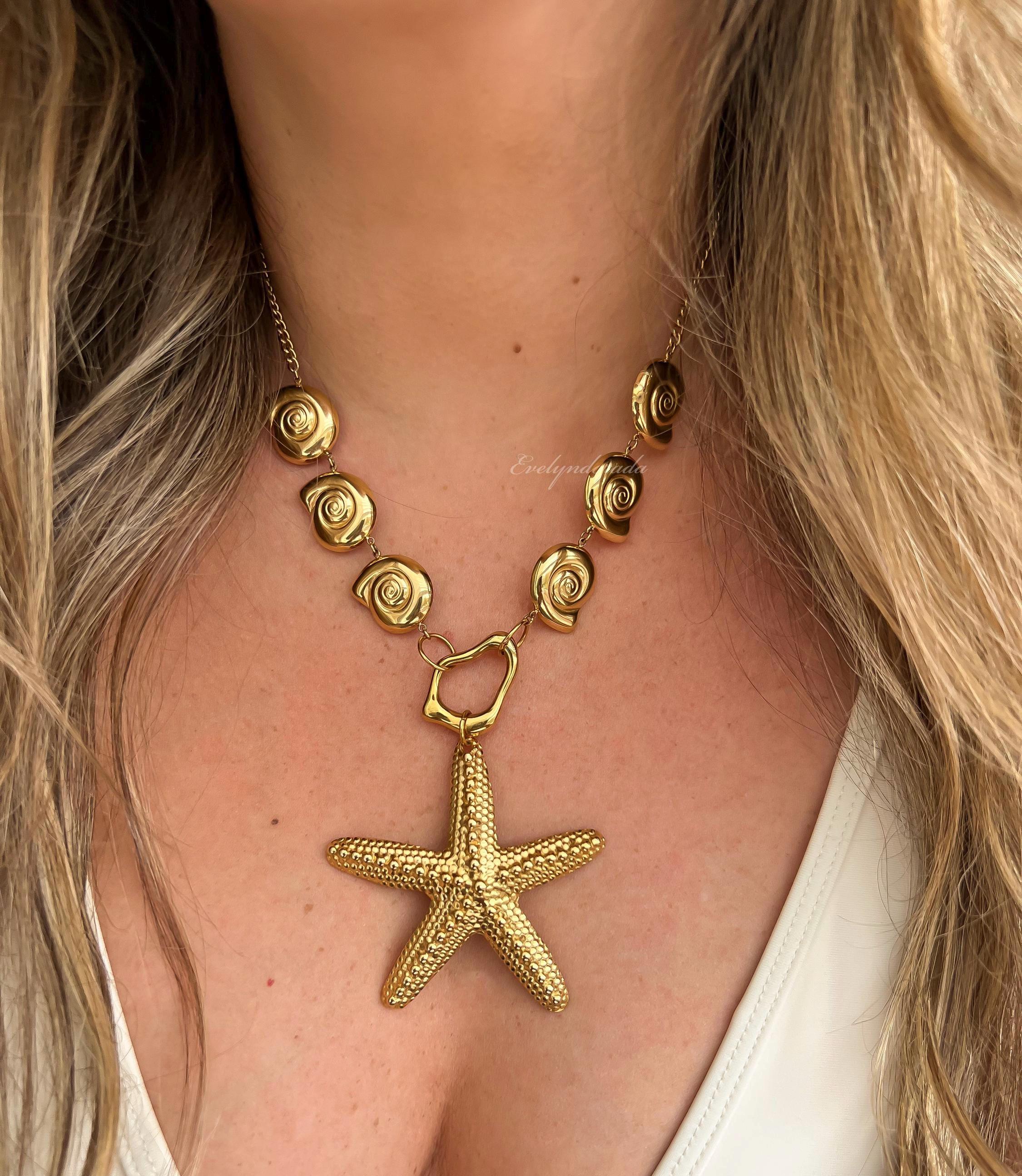 Large Starfish and Shell Necklace,chunky Summer Necklace, 18k Gold ...