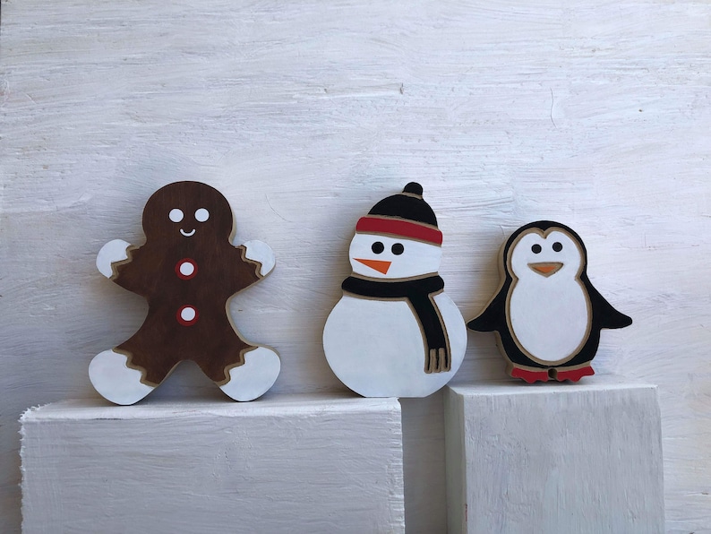 Christmas SNOWMAN, GINGERBREAD and Penguin, Holiday Tiered Tray Decor ...