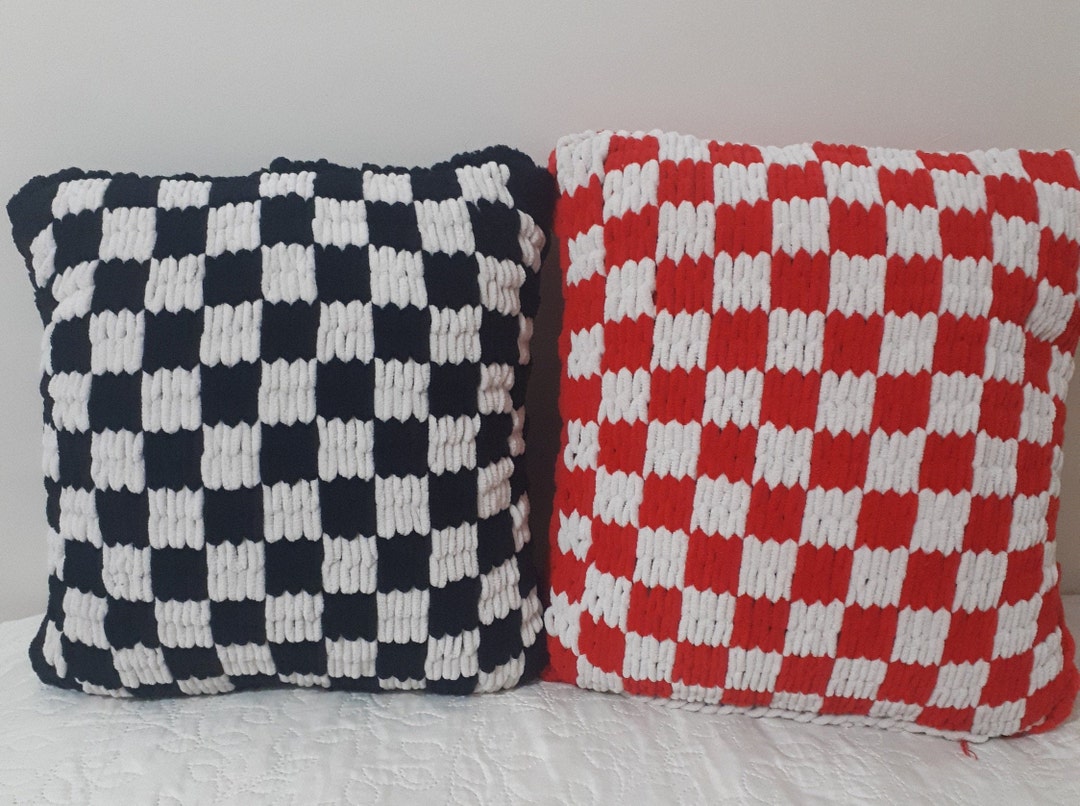 Knit Black White Checkered Pillowcase, Checkerboard Pillow, Chess ...