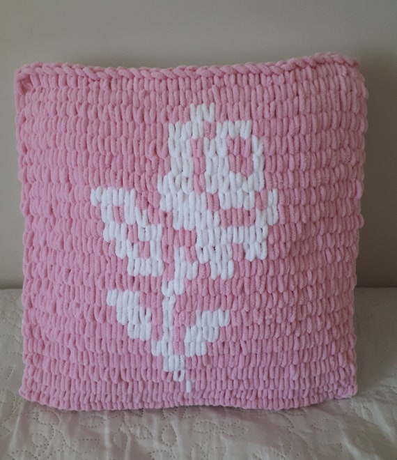 Knitted pink floral pillowcase decorative pink rose cushion | Etsy