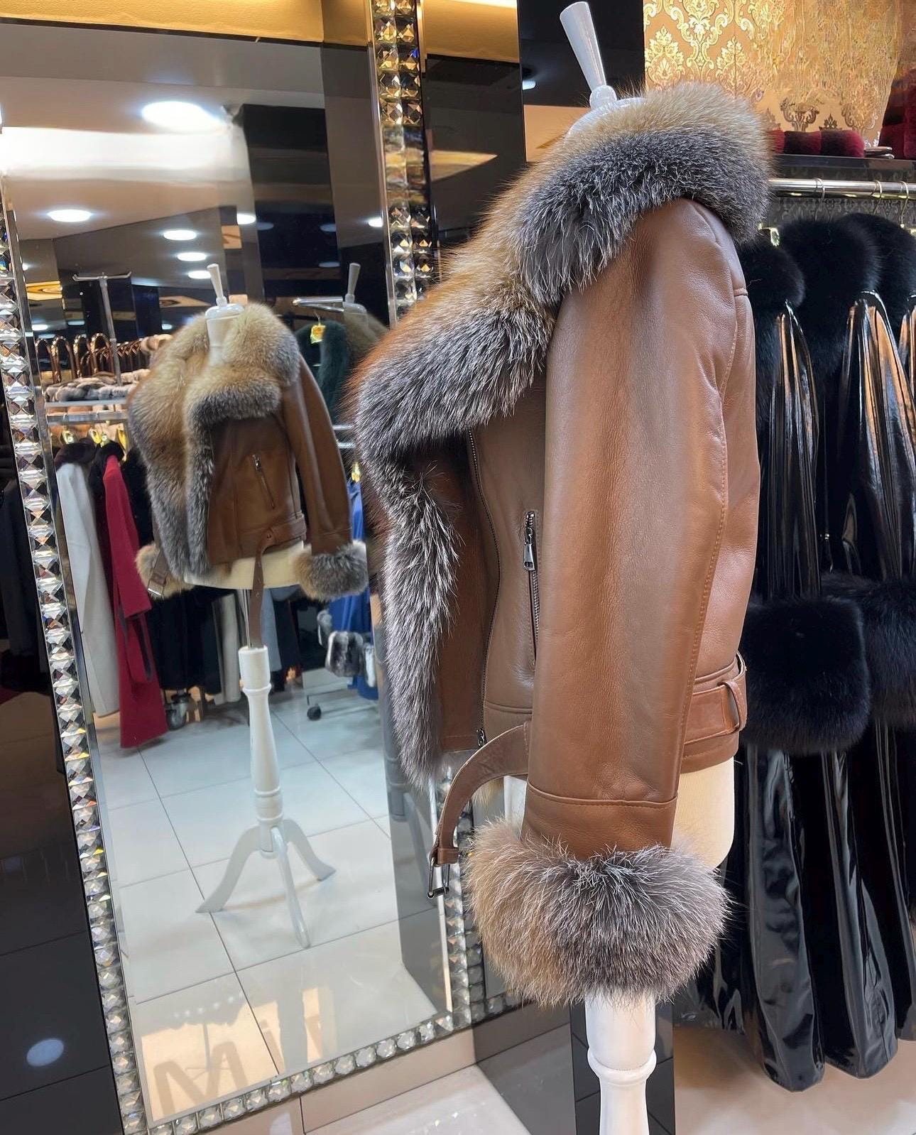 Luxury Camel Leather Jacket With Fox Fur / Women Coat/ Winter Jacket ...