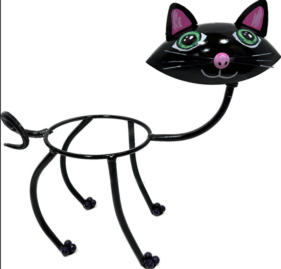 Upcycled/recyled Metal Black Cat Pot Stand Hand Painted Planter Pen ...