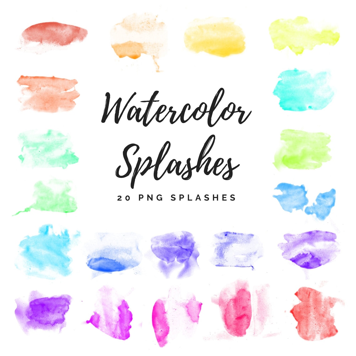 20 Colorful Watercolor Splashes Splotches Clipart, Paint Drip, Colorful ...