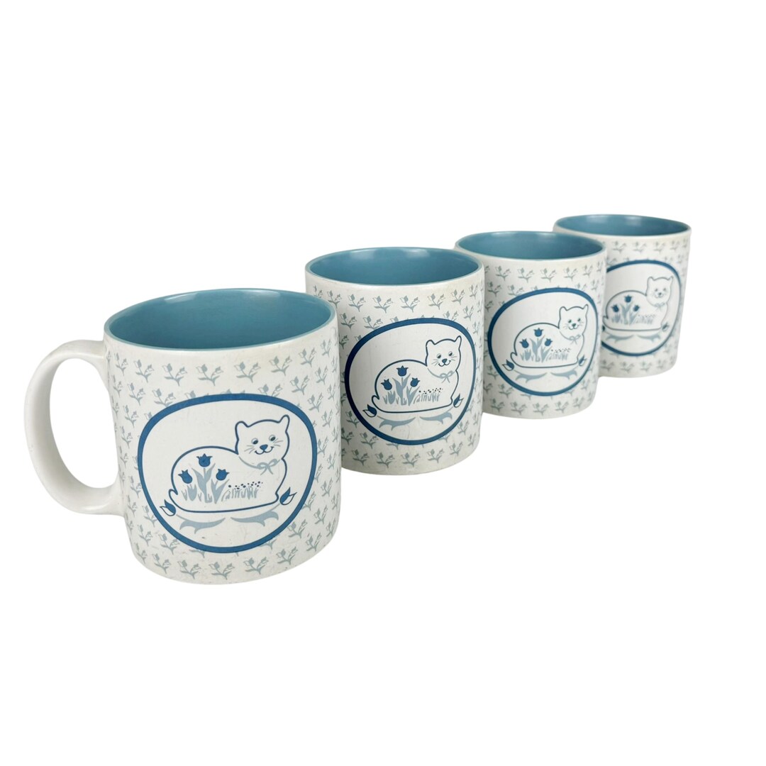 Blue Kitty Cat Russ Berrie Coffee Mugs Style 8215 SET of 4 Vintage ...