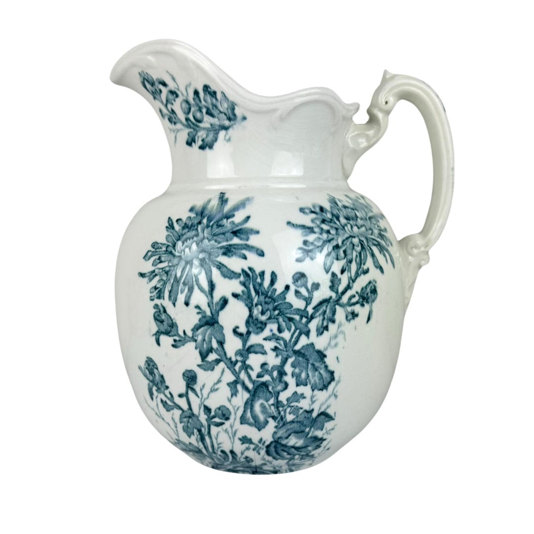 Antique Victorian Ironstone Pitcher Water Pitcher BLUE Floral ...