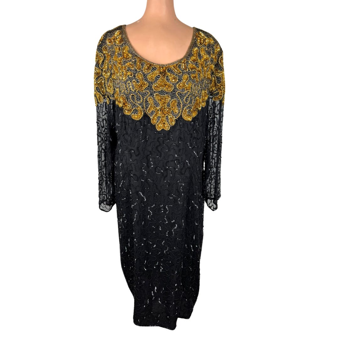 Vintage Beaded Dress Evening Gown Plus Size Sequin Party Dress 1X Roman ...