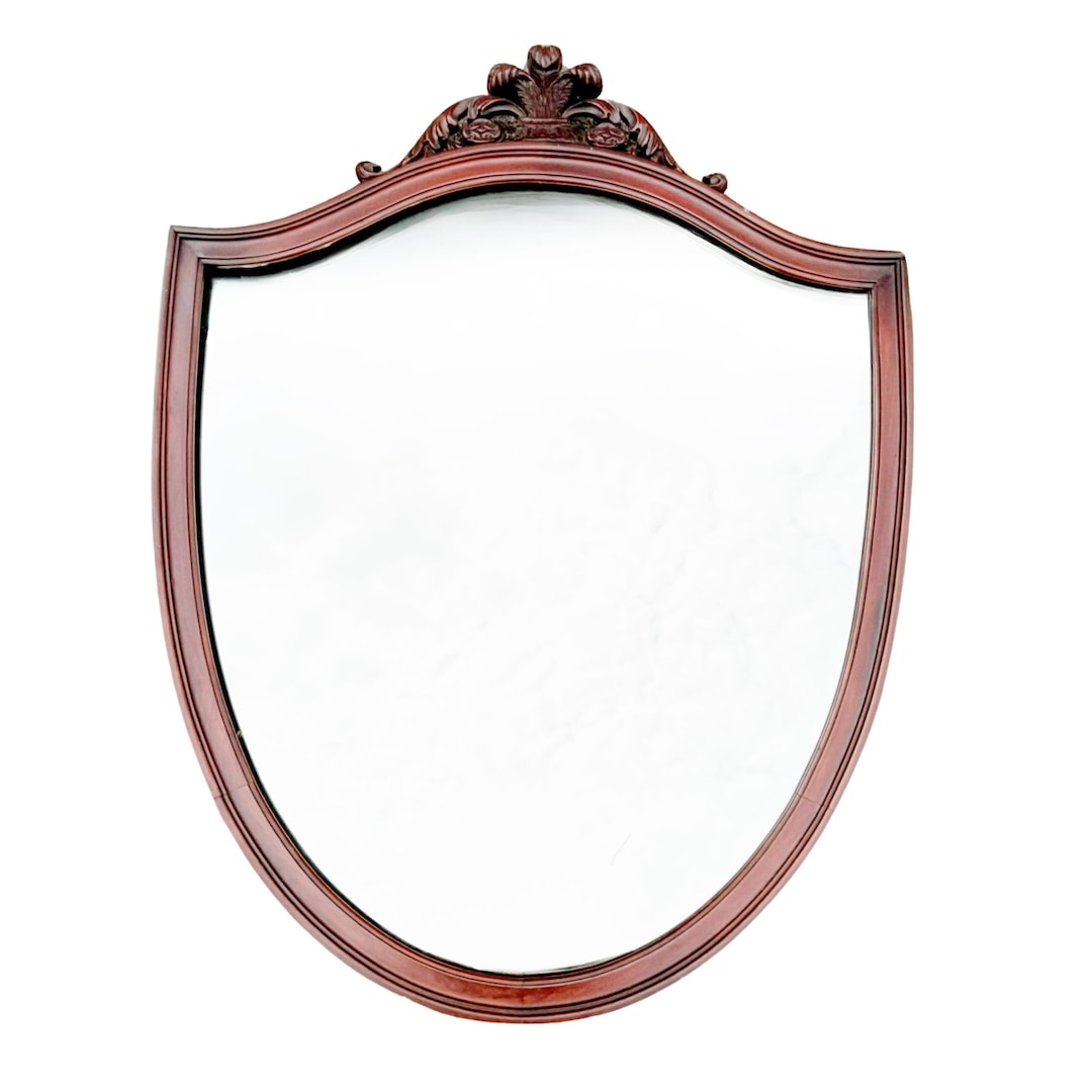 Vintage REGENCY Carved Mahogany Shield Mirror With Plume Cap Detail ...
