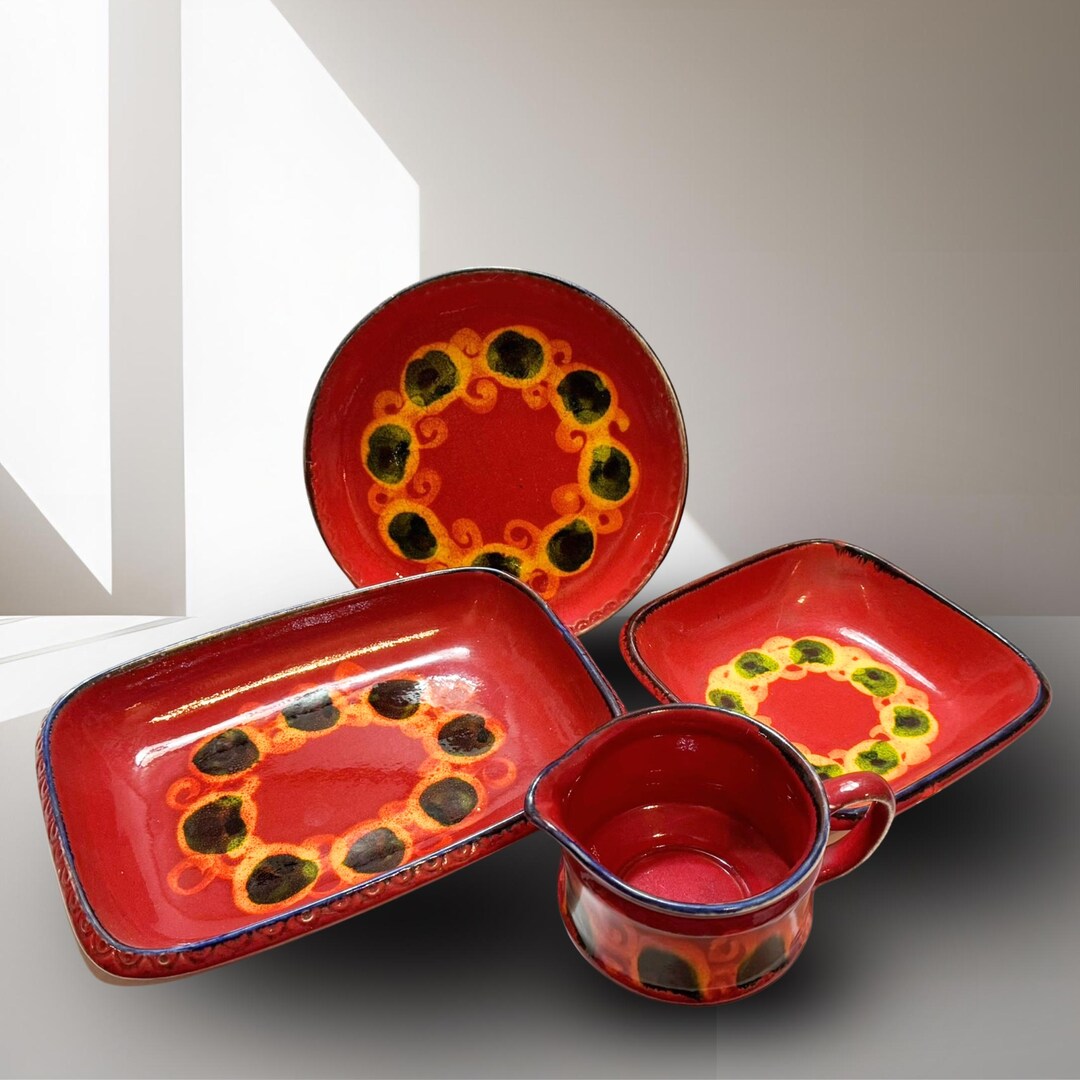 Vintage DECO Helsingborg Sweden Orange Red Glazed Ceramic Serving ...