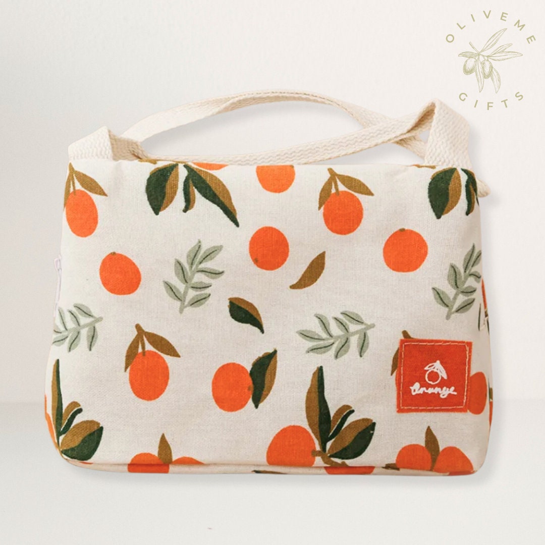 Orange Print Insulated Lunch Bag - Reusable Canvas Snack Bag - Etsy