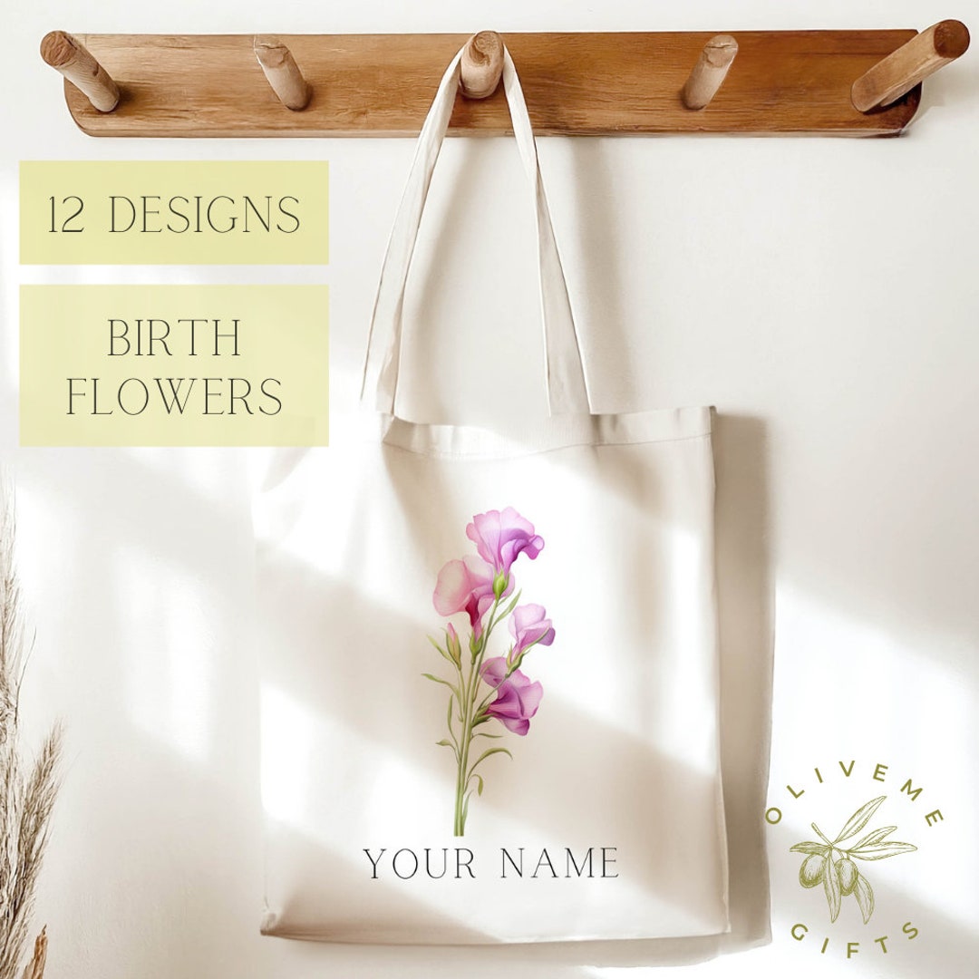 Custom Name Birth Flower Tote Bag for Her - Personalized Name Bag ...