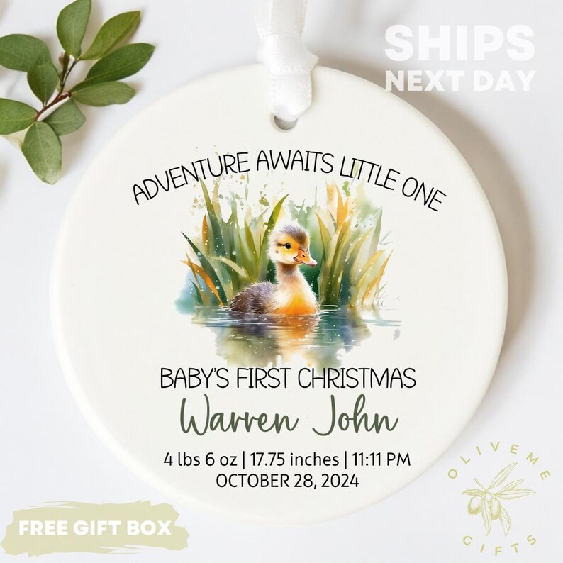 Personalized Baby's First Christmas Ornament: Watercolor Duck Keepsake ...