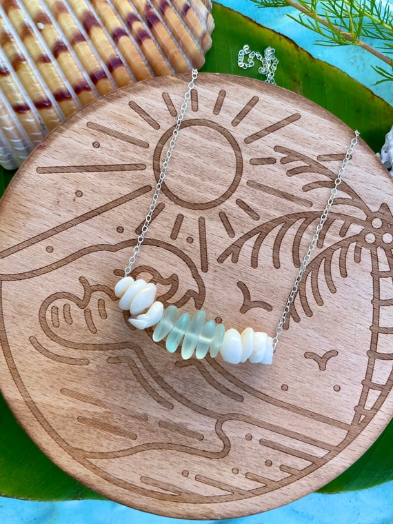 Hawaiian Sea Glass and Puka Shell Bar Necklace Choker Sterling - Etsy