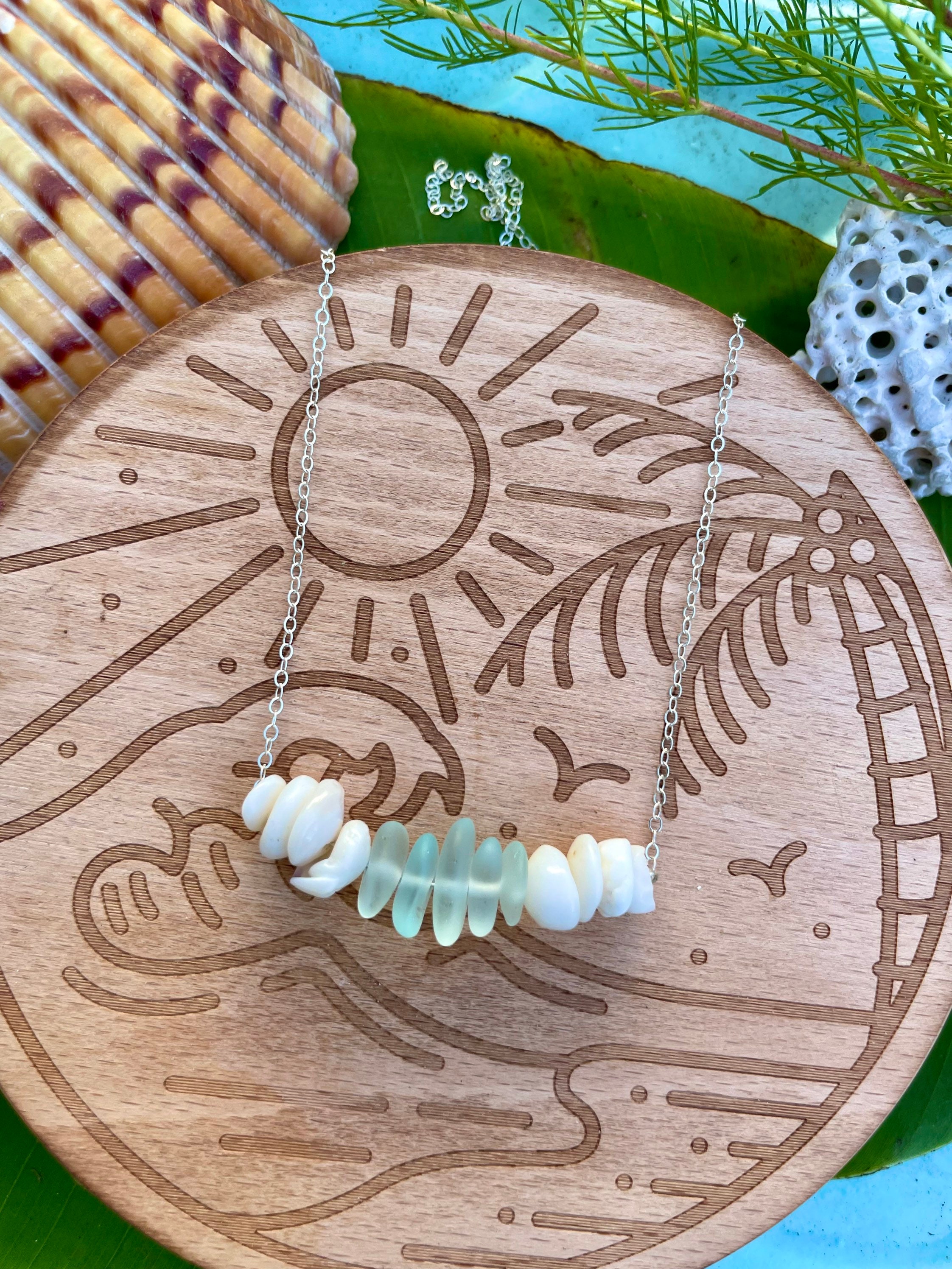 Hawaiian Sea Glass and Puka Shell Bar Necklace Choker Sterling Silver ...