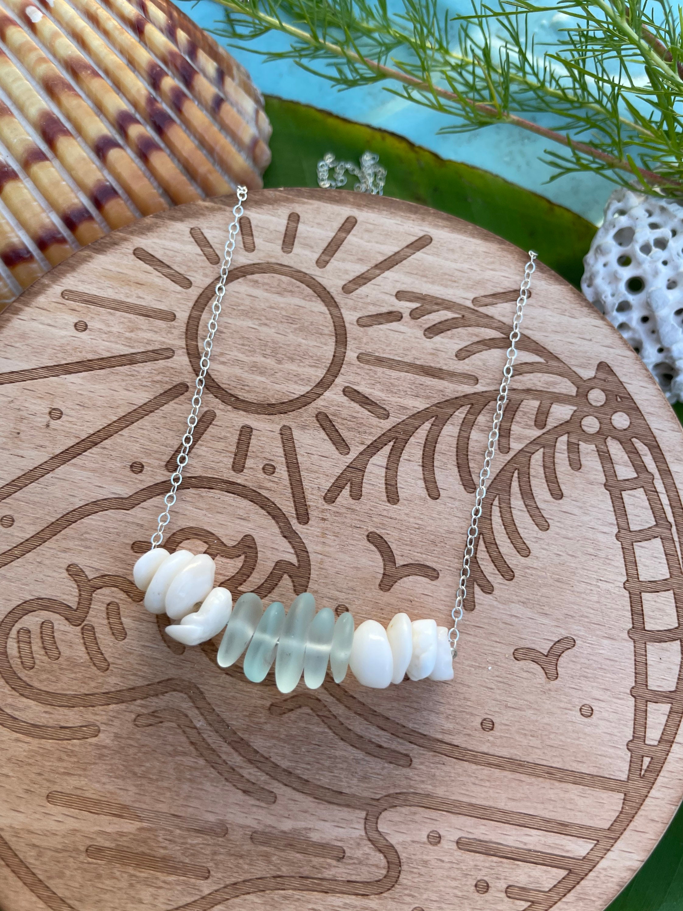 Hawaiian Sea Glass and Puka Shell Bar Necklace Choker Sterling Silver ...