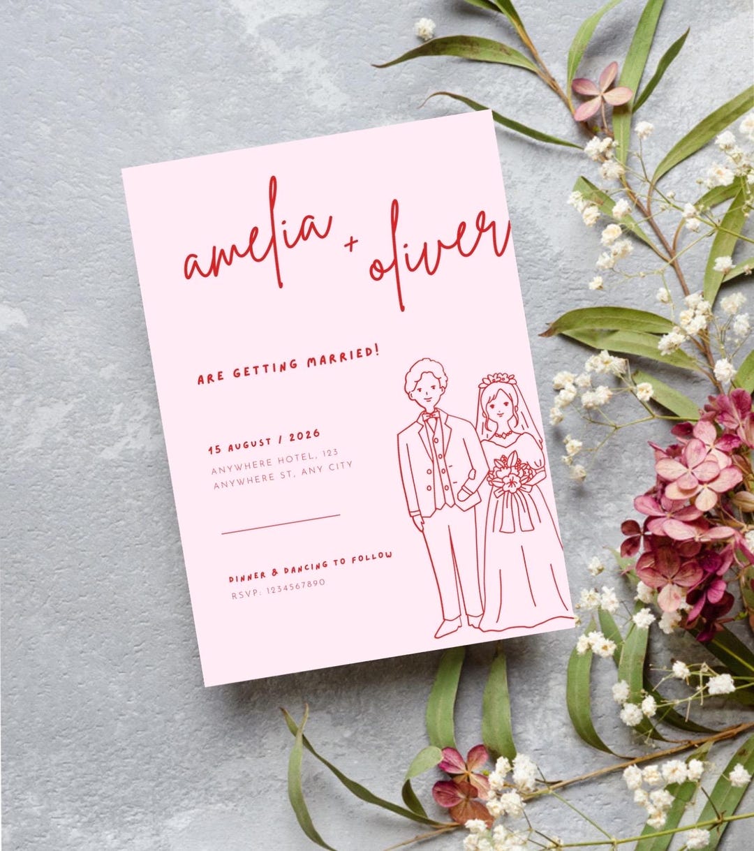 Digital Wedding Invitation Template, Pink and Red, Editable ...