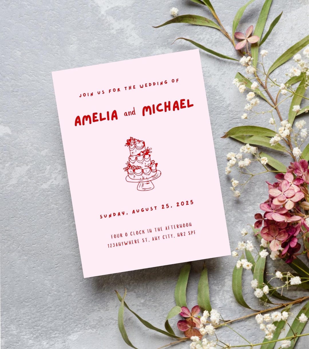 Digital Wedding Invitation Template, Pink and Red, Editable ...