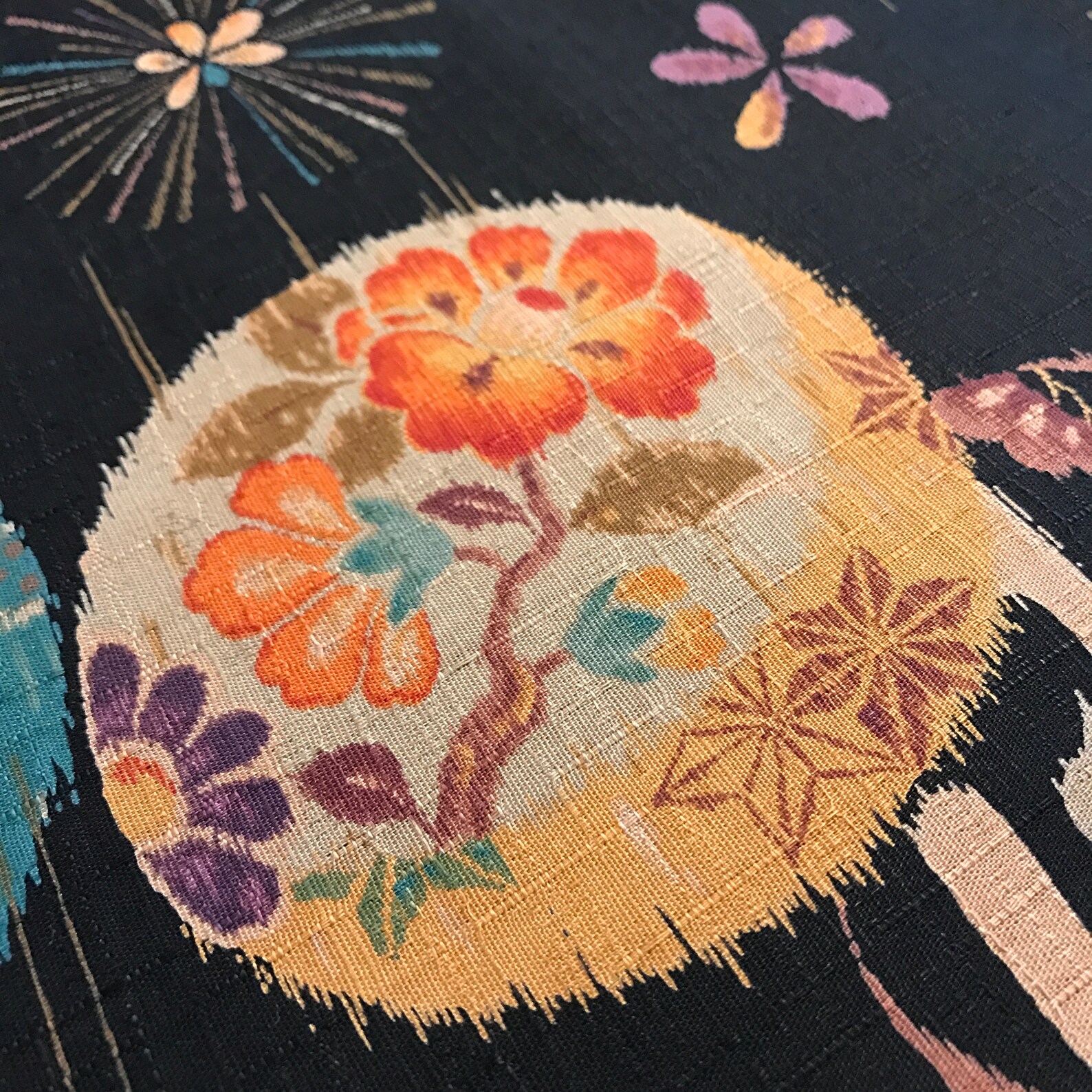 Large round floral motif black dobby cotton fabric made in | Etsy