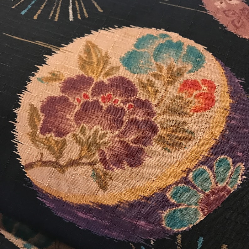 Large round floral motif black dobby cotton fabric made in | Etsy