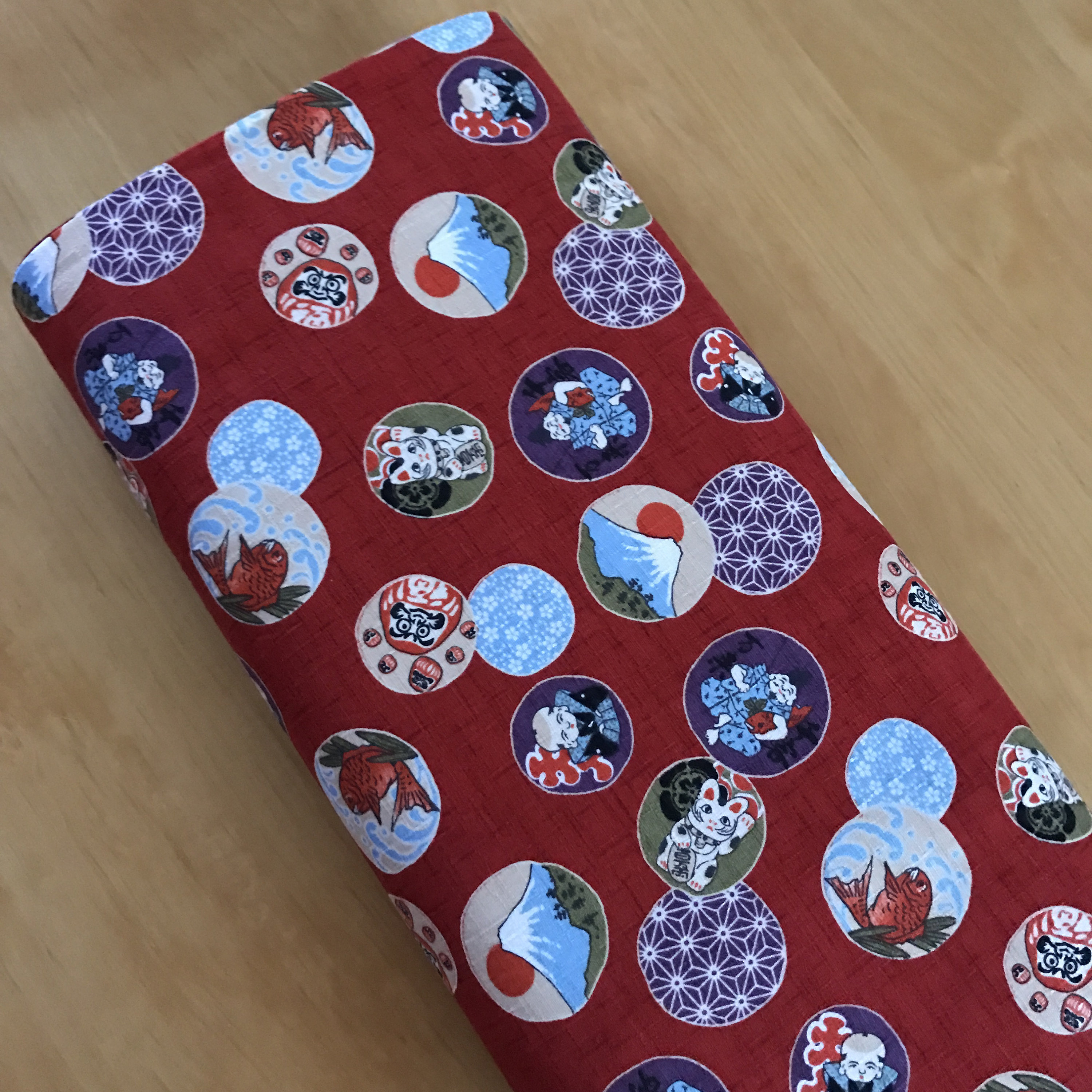 Red Japanese Motif Mt Fuji Lucky Neko Fish Dobby Cotton Fabric - Etsy
