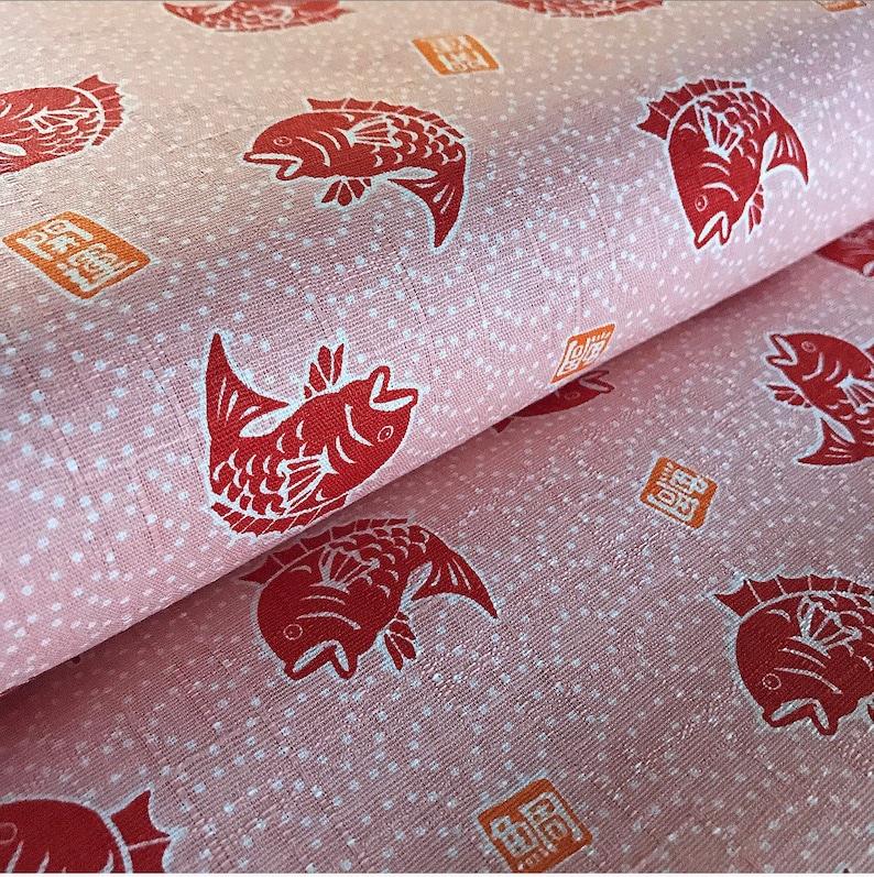 Red 鯛 Fish Pink Dobby Cotton Fabric Made in Japan - Etsy