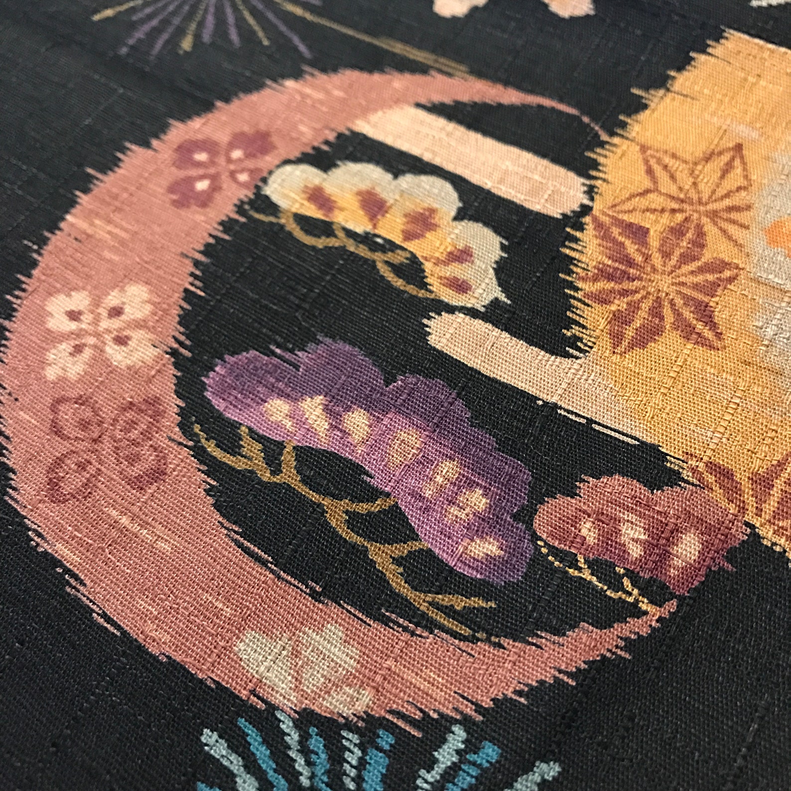 Large Round Floral Motif Black Dobby Cotton Fabric Made in - Etsy