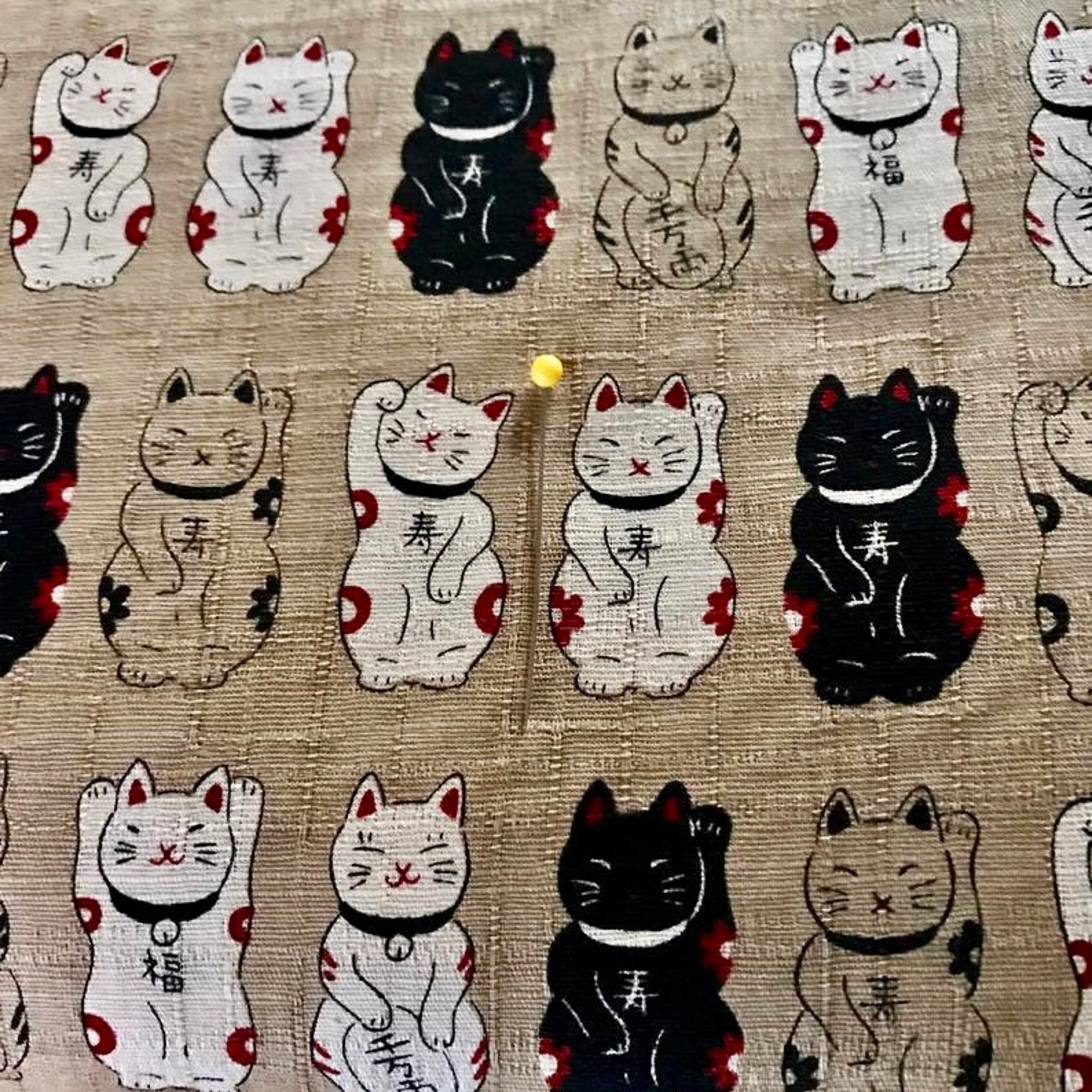 Maneki Neko beige lucky cat dobby cotton fabric made in Japan | Etsy