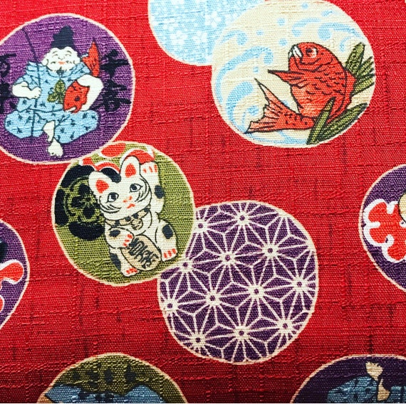 Red Japanese Motif Mt Fuji Lucky Neko Fish Dobby Cotton Fabric | Etsy