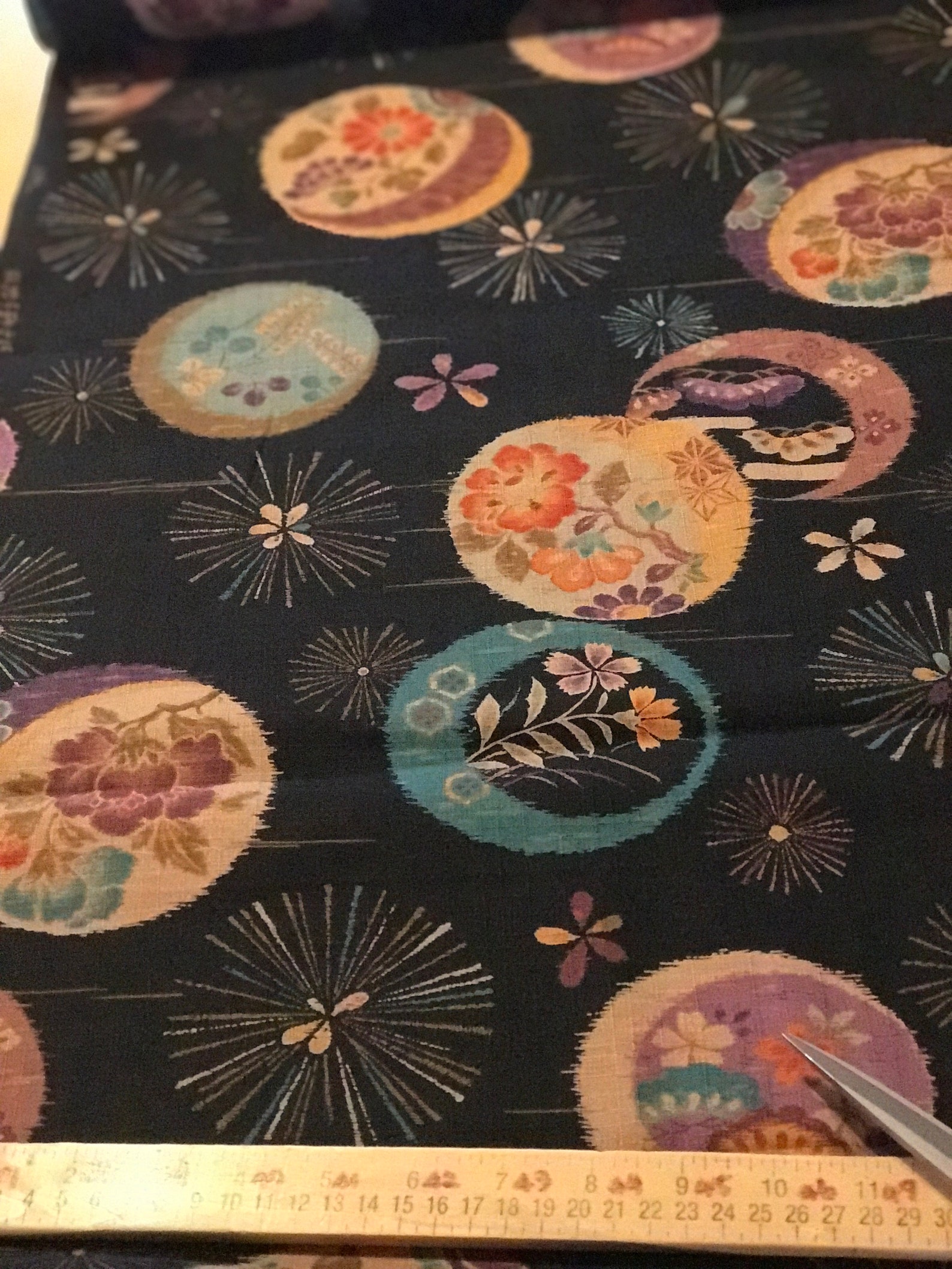 Large round floral motif black dobby cotton fabric made in | Etsy