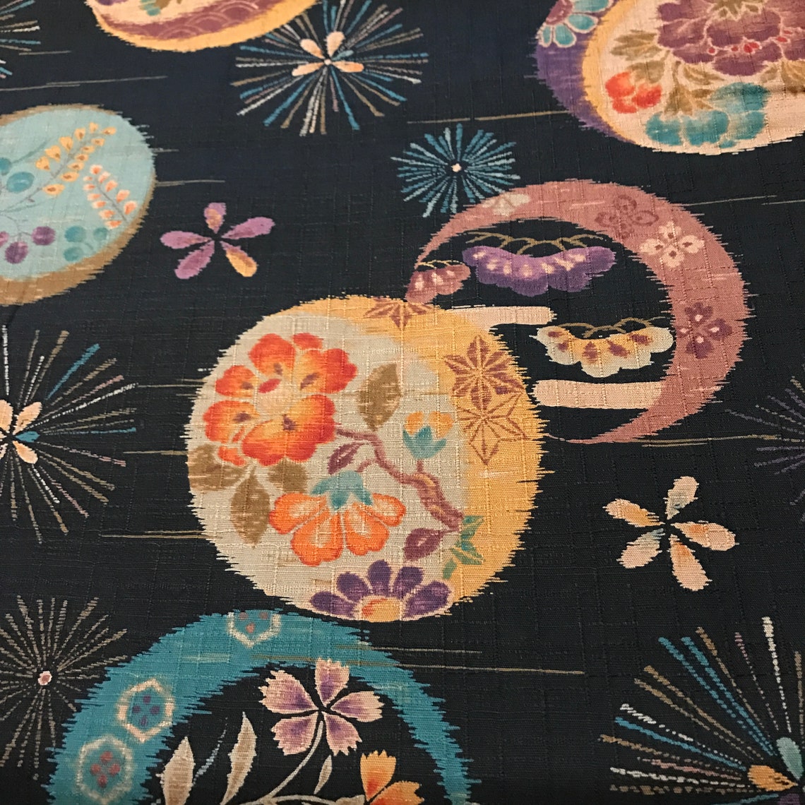 Large round floral motif black dobby cotton fabric made in | Etsy