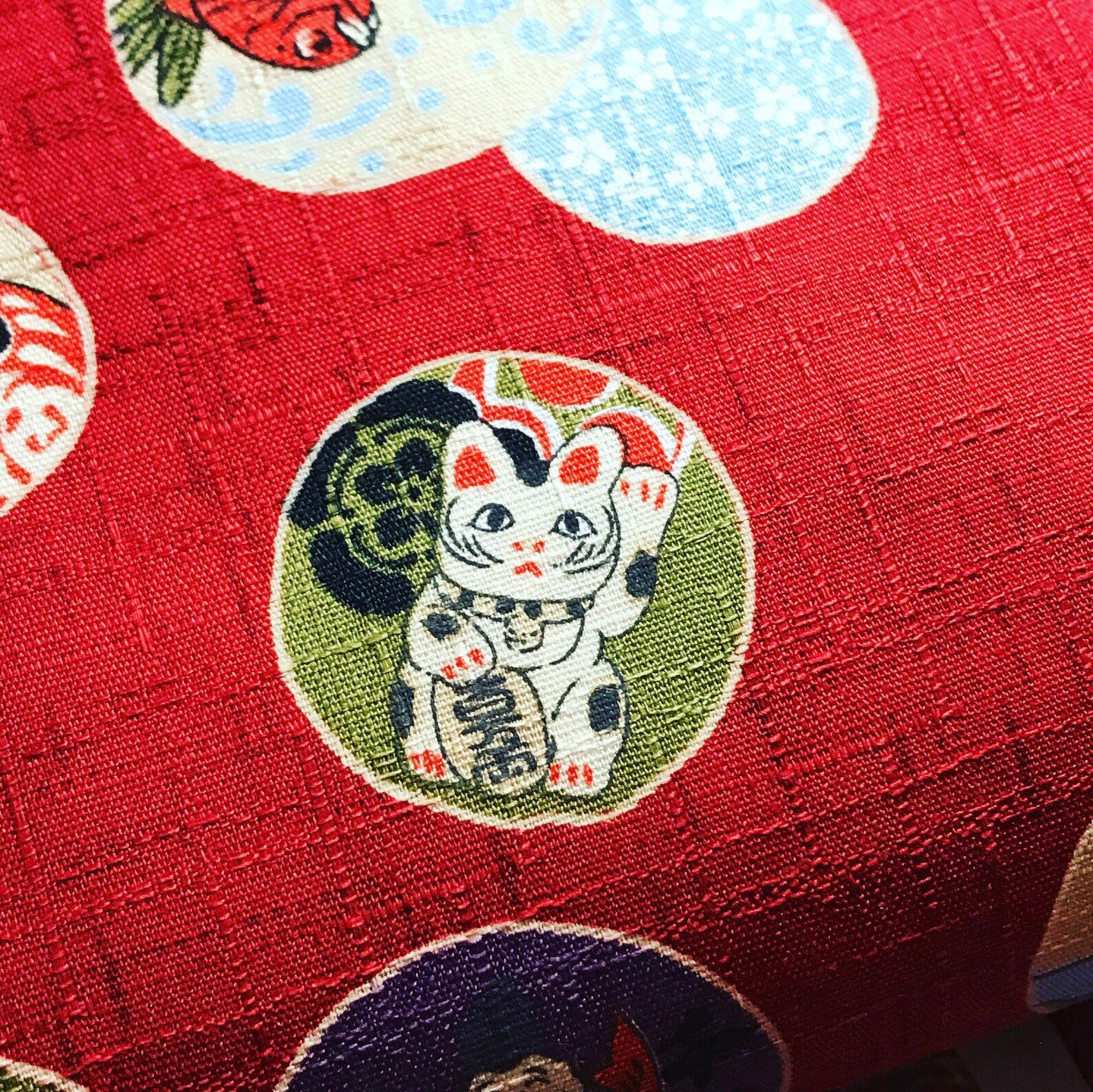 Red Japanese Motif Mt Fuji Lucky Neko Fish Dobby Cotton Fabric - Etsy
