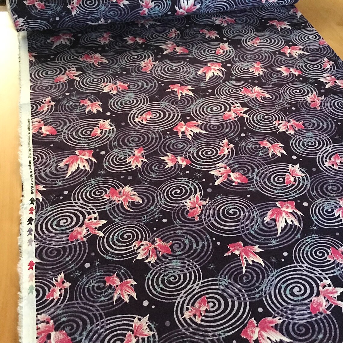 Japanese Style Pink Red Fish on Purple Ripples Dobby Cotton Fabric Made ...