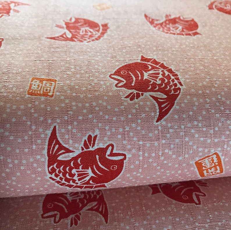 Red 鯛 Fish Pink Dobby Cotton Fabric Made in Japan - Etsy